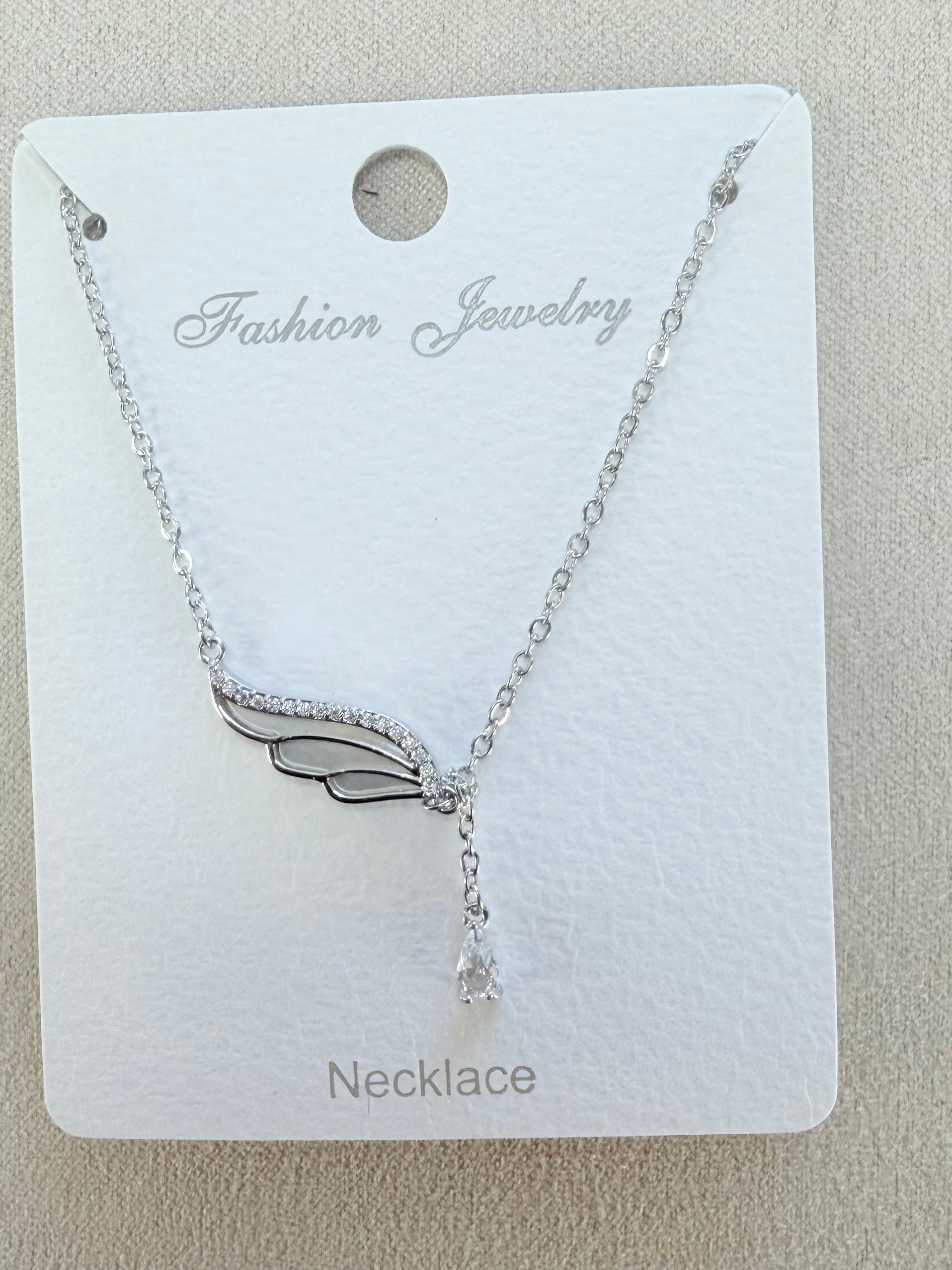 Angel Wing Drop C.Z Rhodium Plated Pendant Necklace – Sun Star Fashion