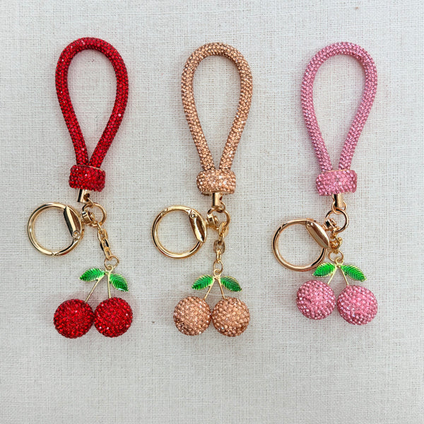 Rhinestone Cherry Keychain – Sparkly Double-Cherry Charm with Wrist Lo ...
