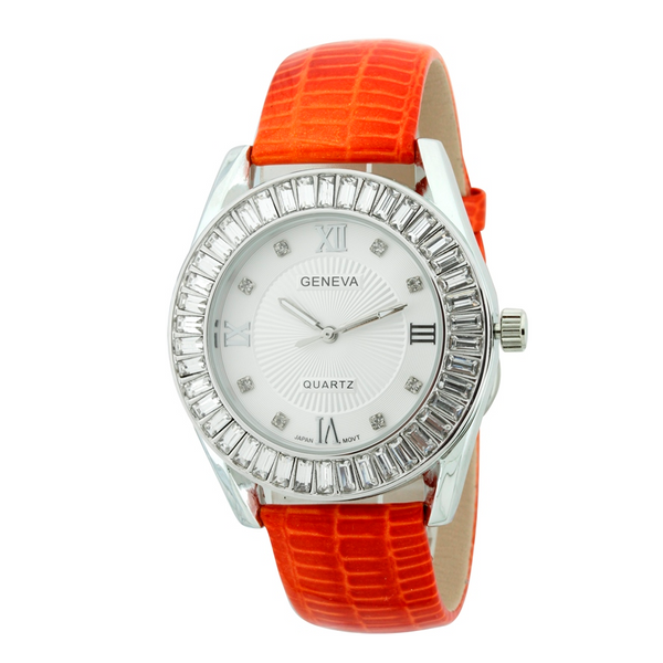 CLASSIC ROUND FACE WATCH WITH RECTANGLE STONES.GENUINE LEATHER BAND ...