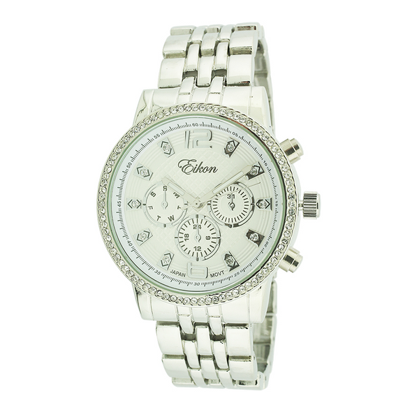 Round Face Stick Dial Link Watch With Stones（Silver） – Sun Star Fashion