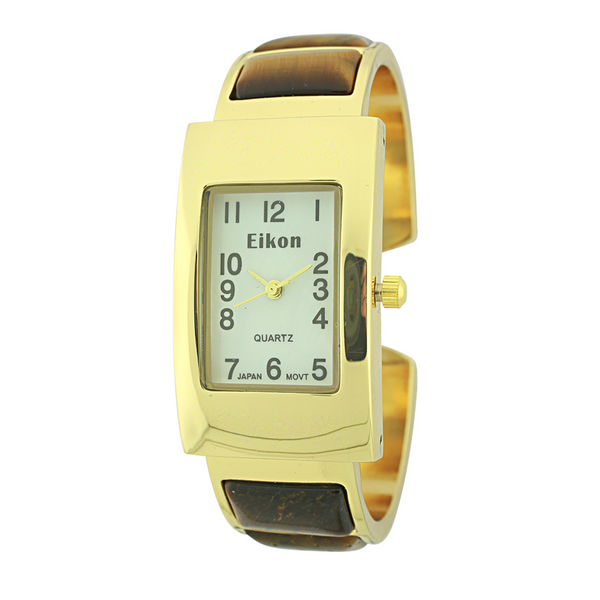 Rectangle Face Cuff Watch With Stone On Band and Mother Of Pearl Face ...